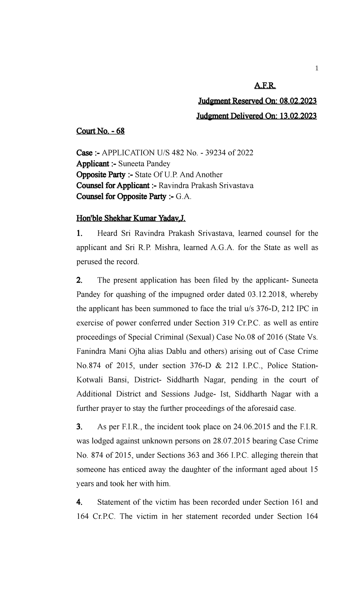 Suneeta Pandey vs. State Of U.P. 2022 - A.F. Judgment Reserved On: 08 ...