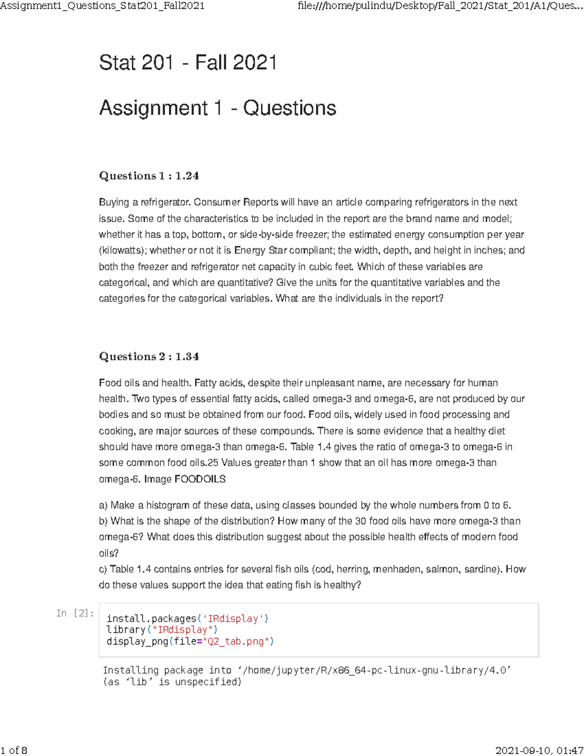 Assignment 1 Questions Stat201 Fall2021 from Textbook - Stat 201 - Fall 2021Assignment 1 - - Studocu
