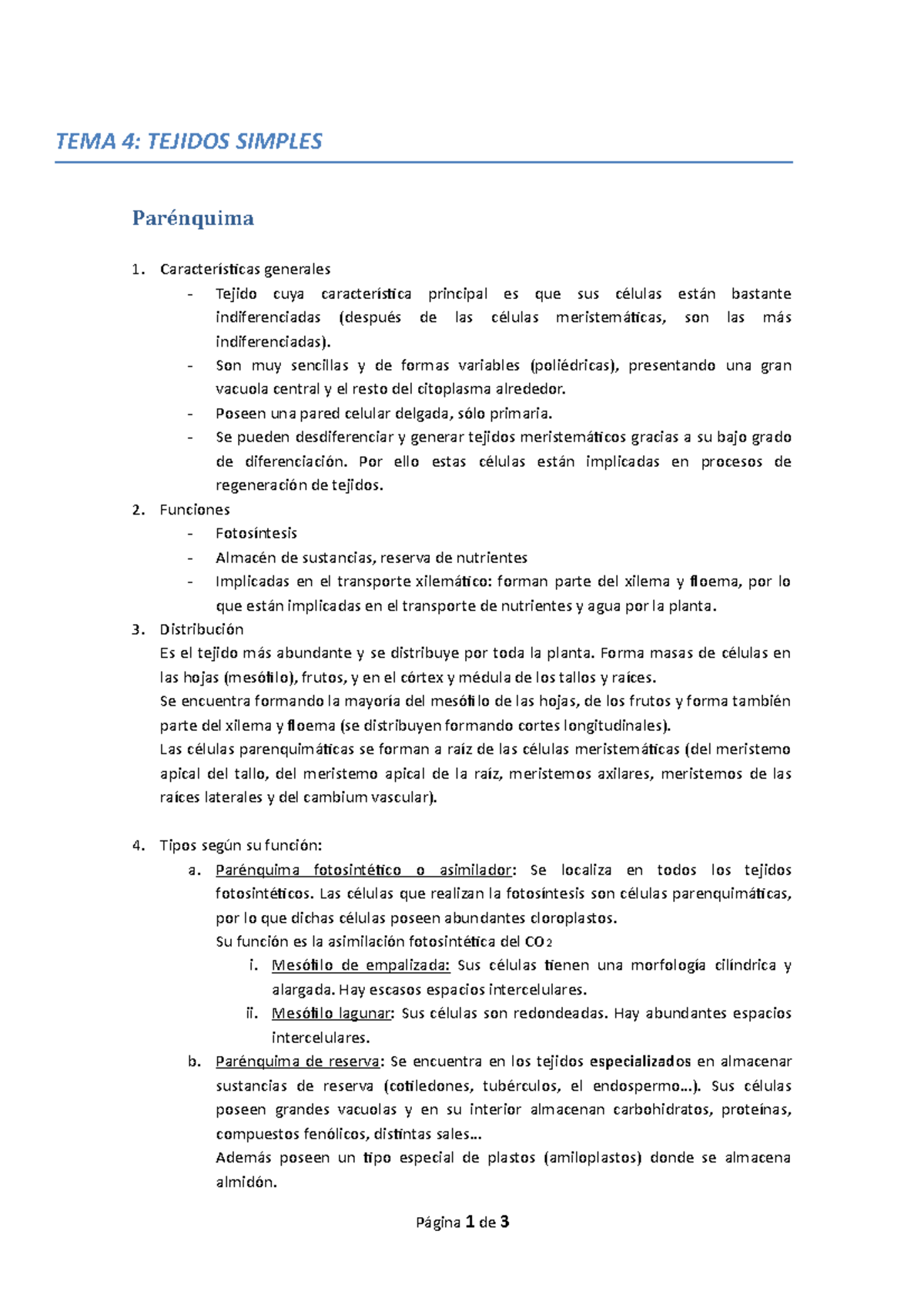 TEMA 4 tejidos simples - Apuntes 4 - TEMA 4: TEJIDOS SIMPLES Parénquima ...