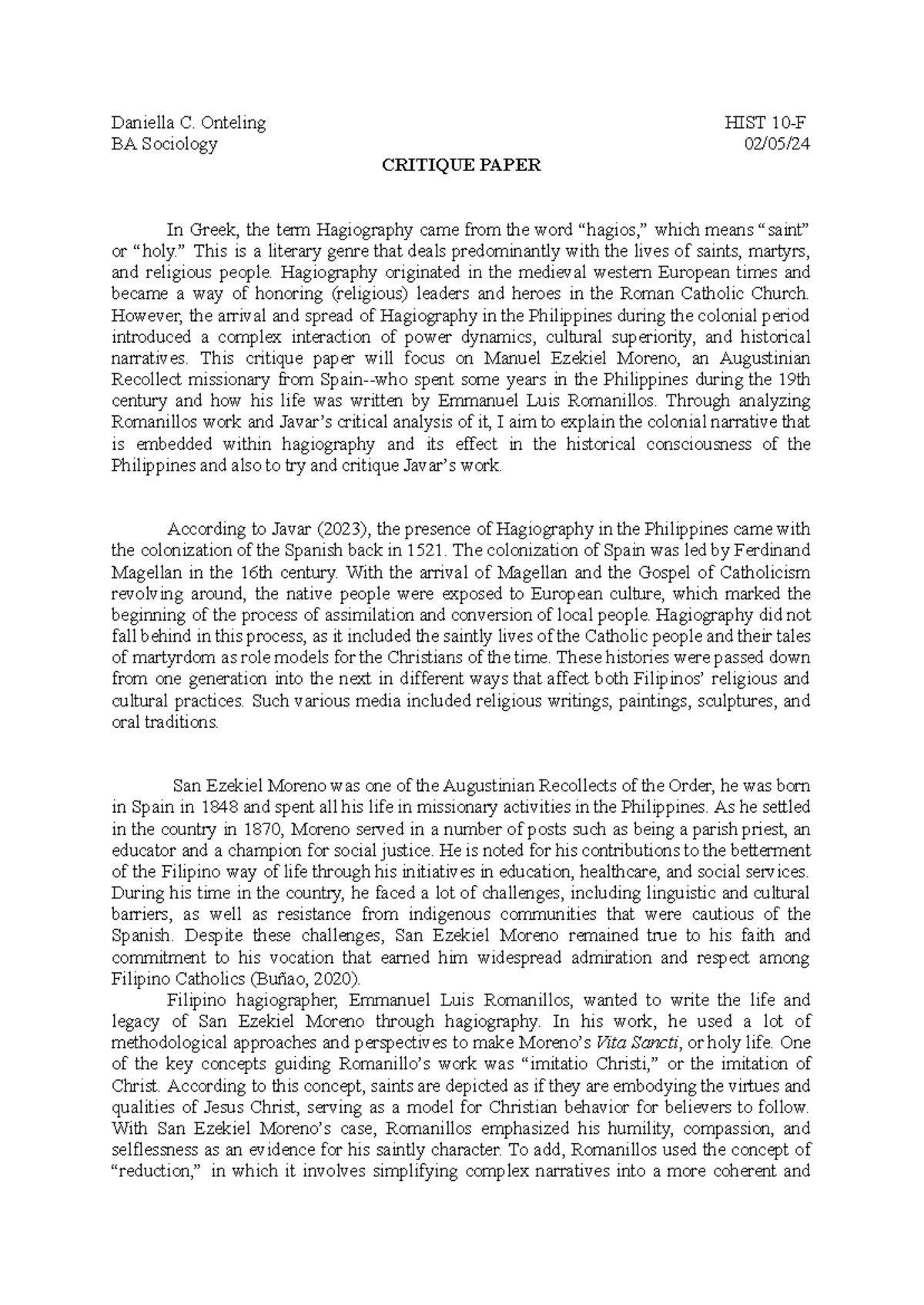 Critique Paper - Daniella C. Onteling HIST 10-F BA Sociology 02/05 ...