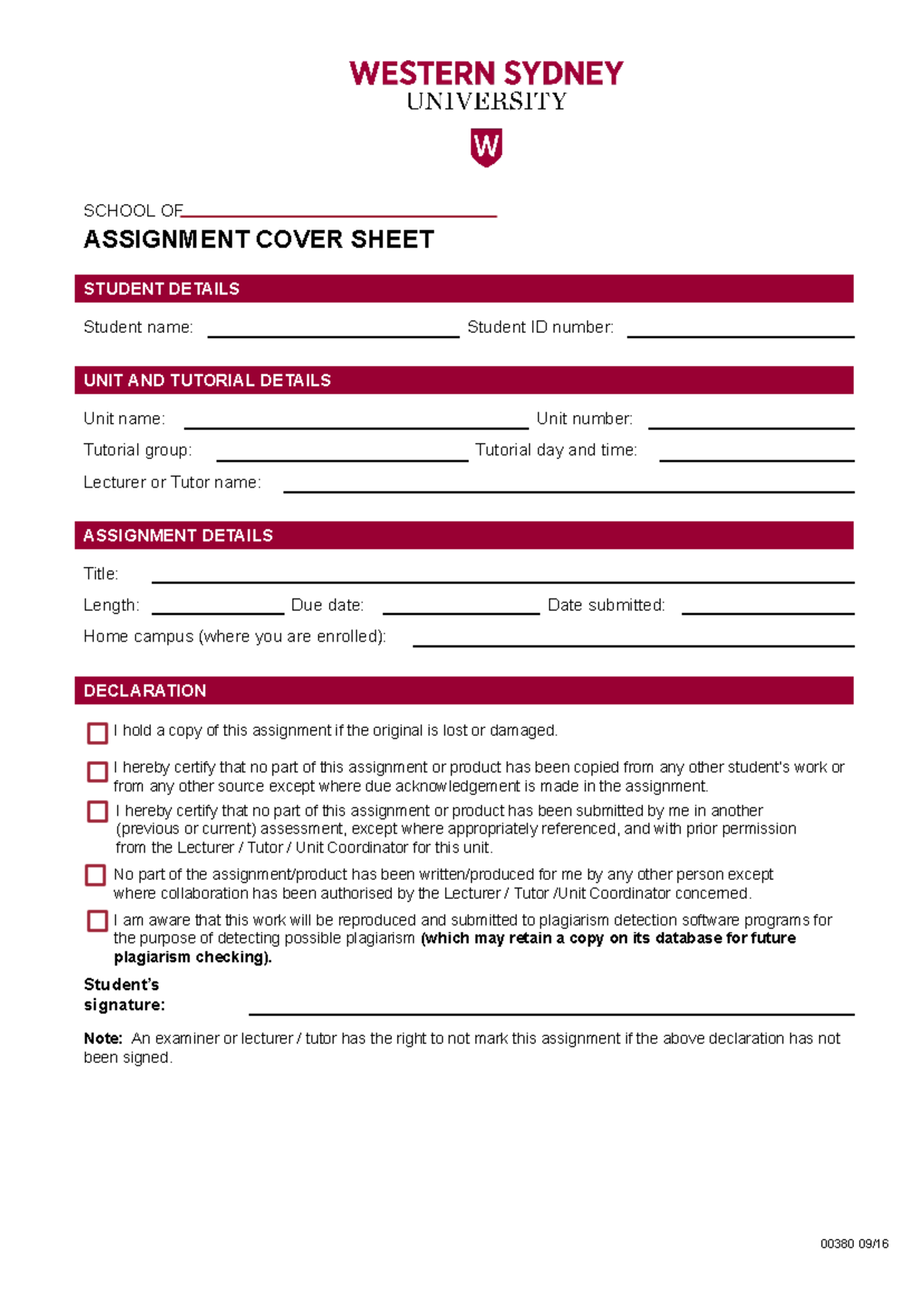 Assignment cover sheet- Fillable online - SCHOOL OF ASSIGNMENT COVER ...