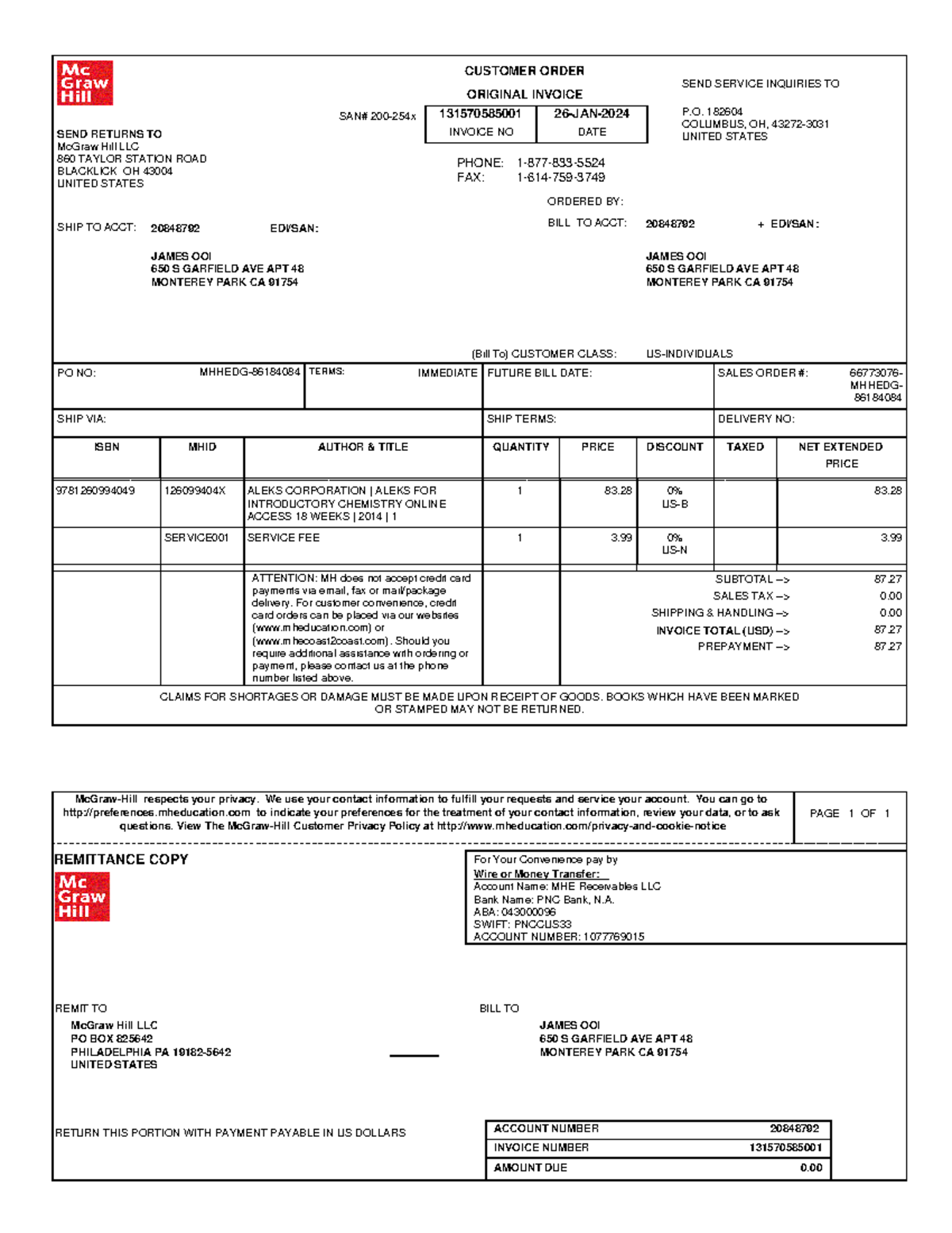 CHEM 1040 receipt for Aleks - McGraw-Hill respects your privacy. We use ...