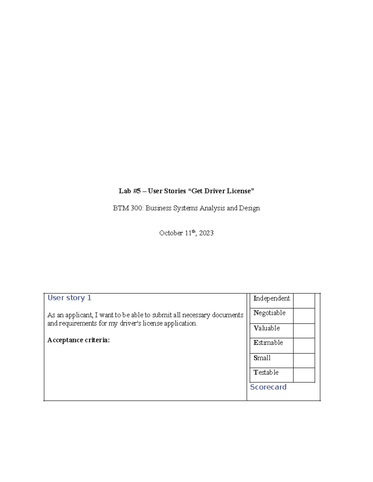 Lab5 - lab - Lab #5 – User Stories “Get Driver License” BTM 300: Business Systems Analysis and ...