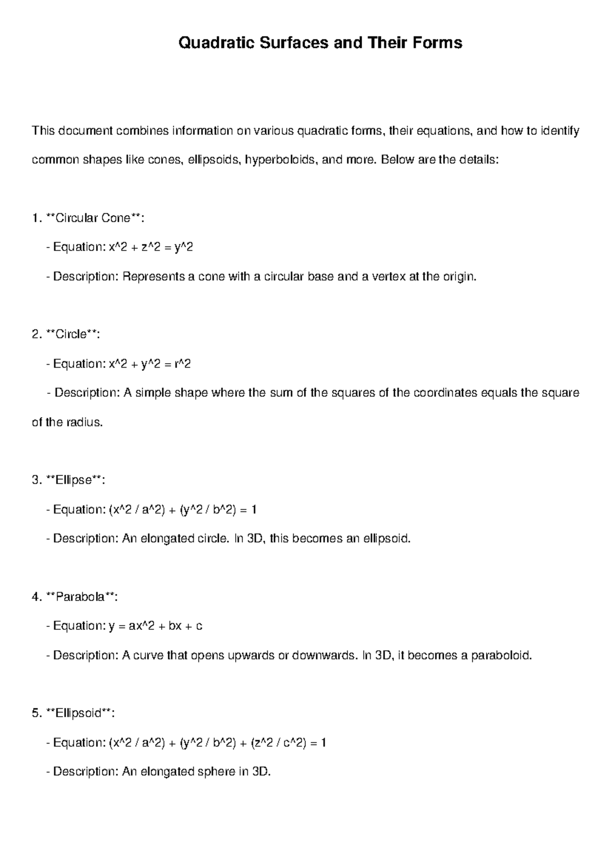 Quadratic Forms and Surfaces - Quadratic Surfaces and Their Forms This ...