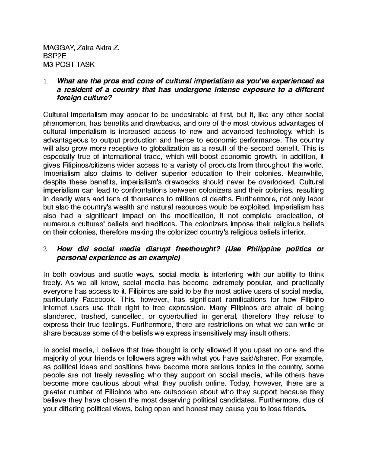 BSP2E M3 POST TASK - MAGGAY, Zaira Akira Z. BSP2E M3 POST TASK What are the pros and cons of ...
