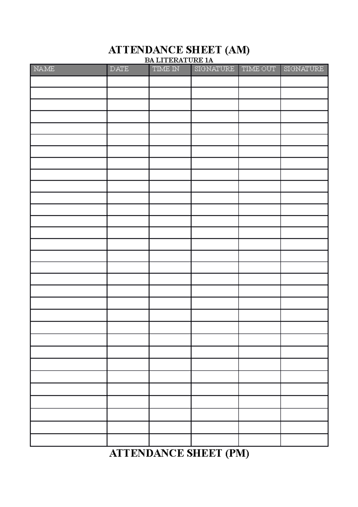 Attendance Sheet Echoes of the Heart - ATTENDANCE SHEET (AM) BA LITERATURE 1A NAME DATE TIME IN ...