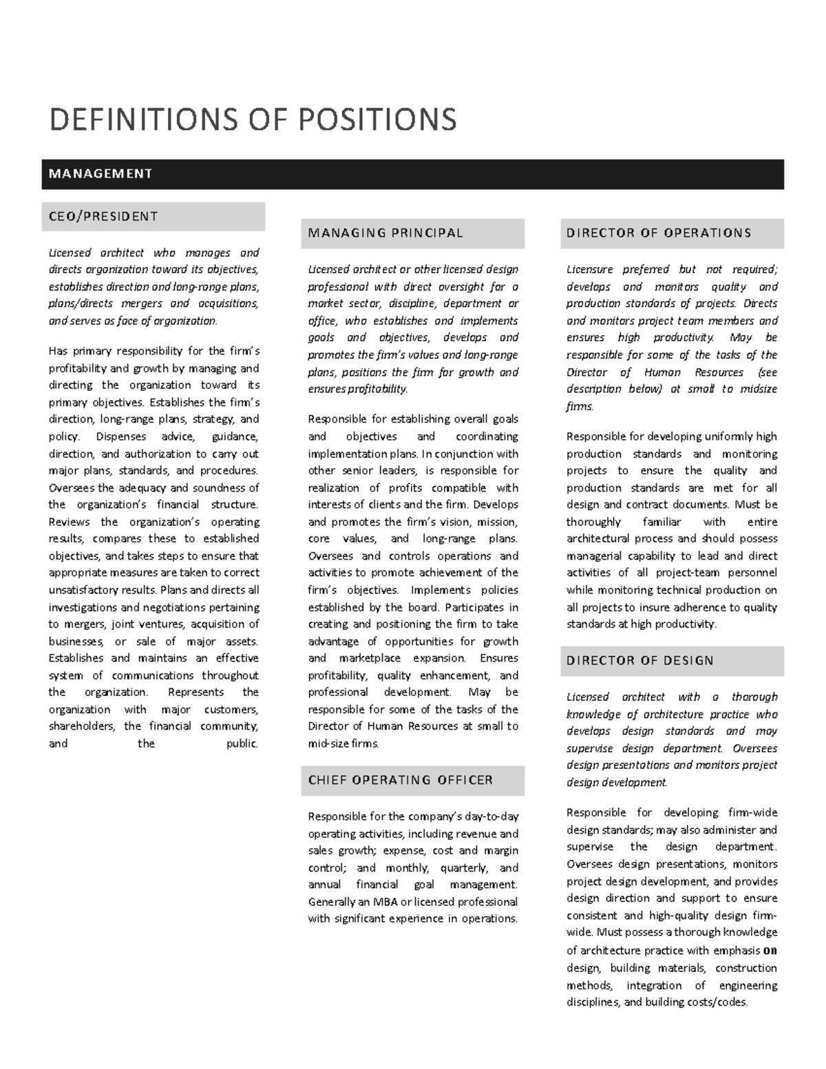 Def and position archi - DEFINITIONS OF POSITIONS MANAGEMENT CEO ...