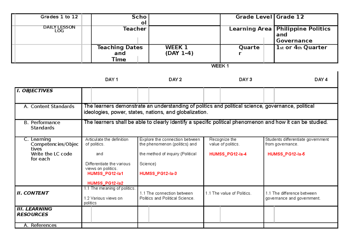 PPG Week a - The Concepts of Politics and Governance - Grades 1 to 12 ...
