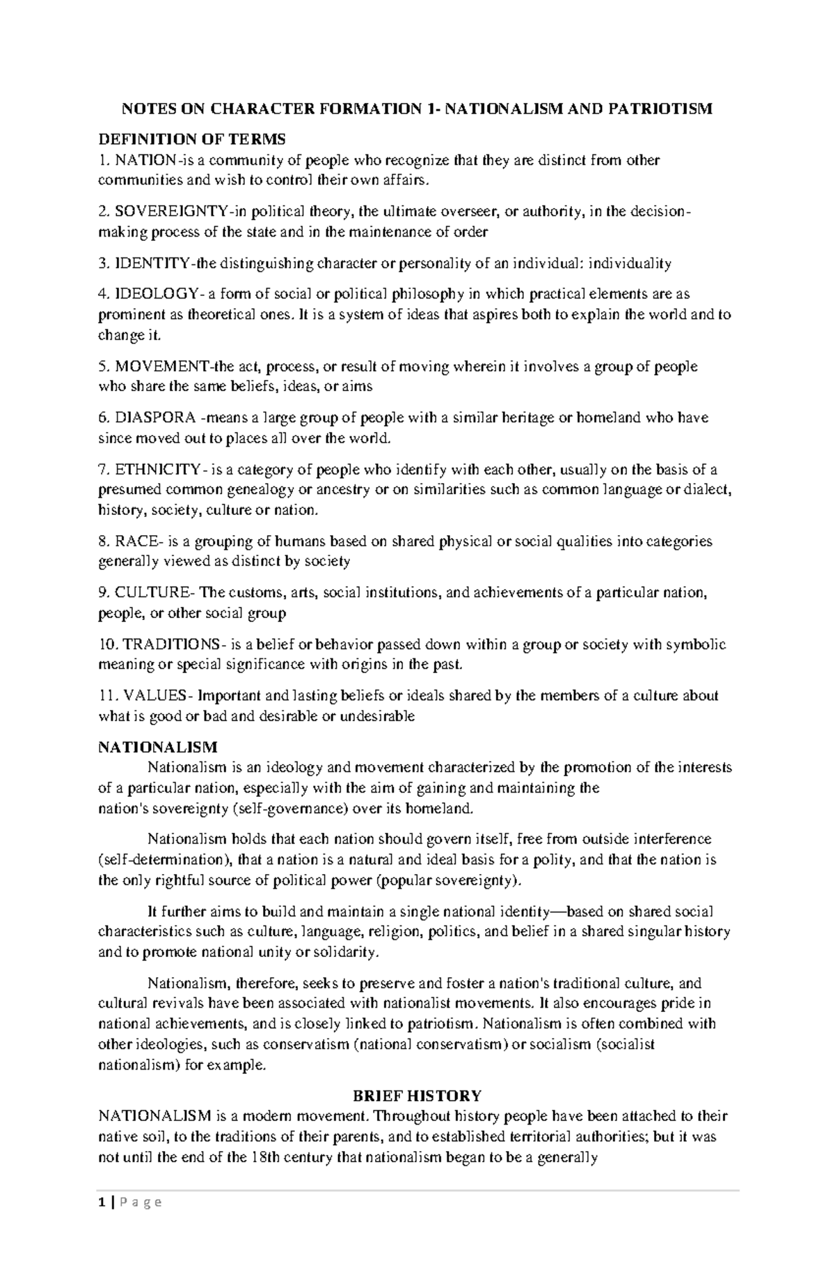 CFLM 1 Notes Nationalism and patriotism - NOTES ON CHARACTER FORMATION ...