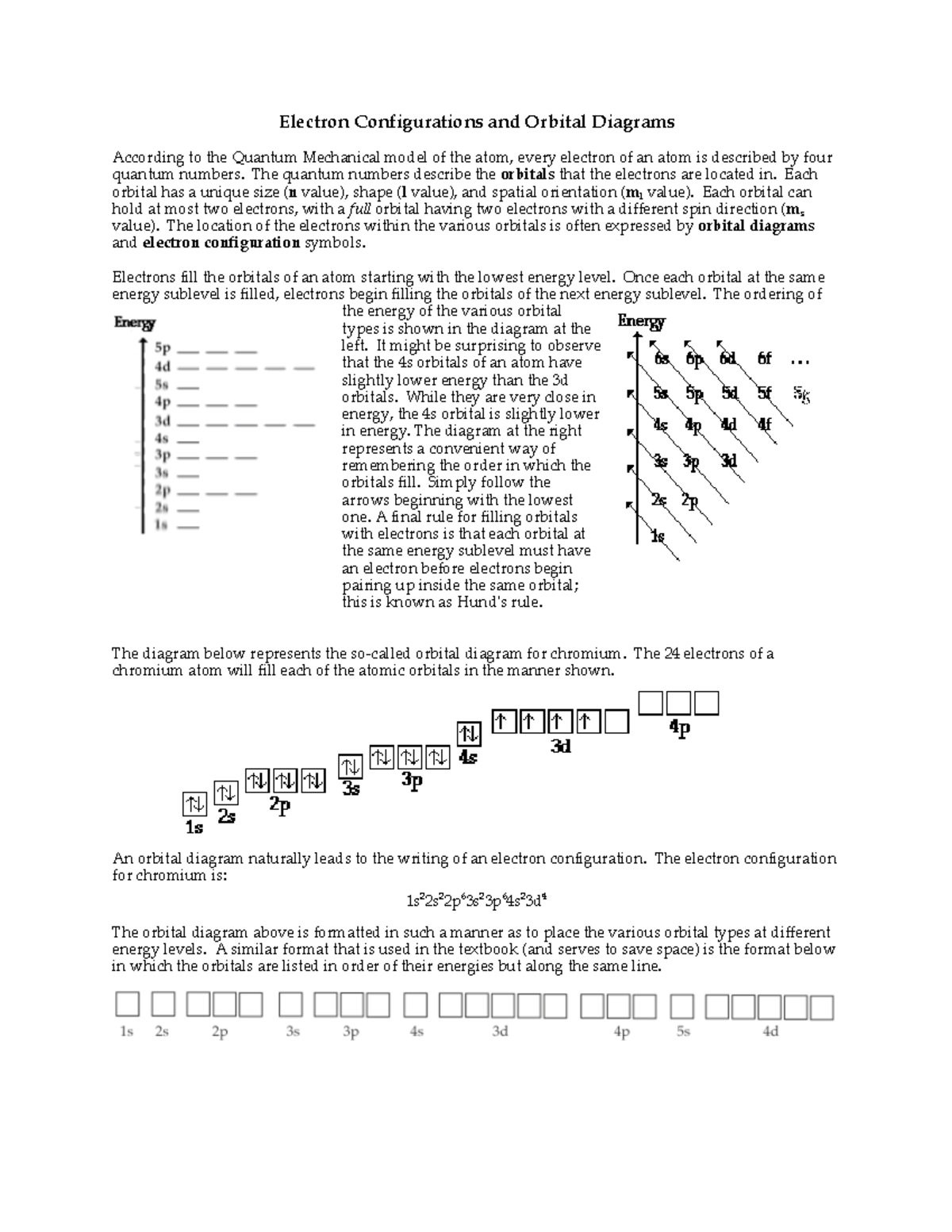 4. Electron Configuration - The quantum numbers describe the orbitals ...