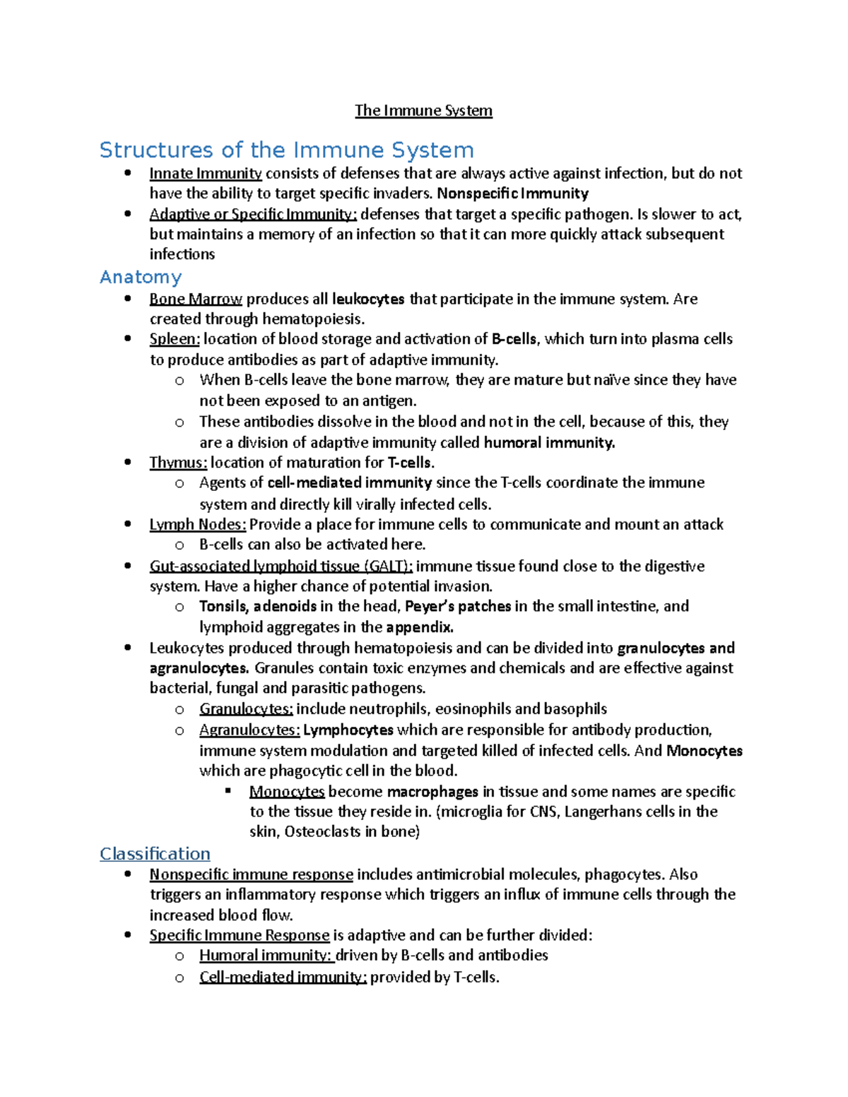 The Immune System - detailed notes - The Immune System Structures of ...