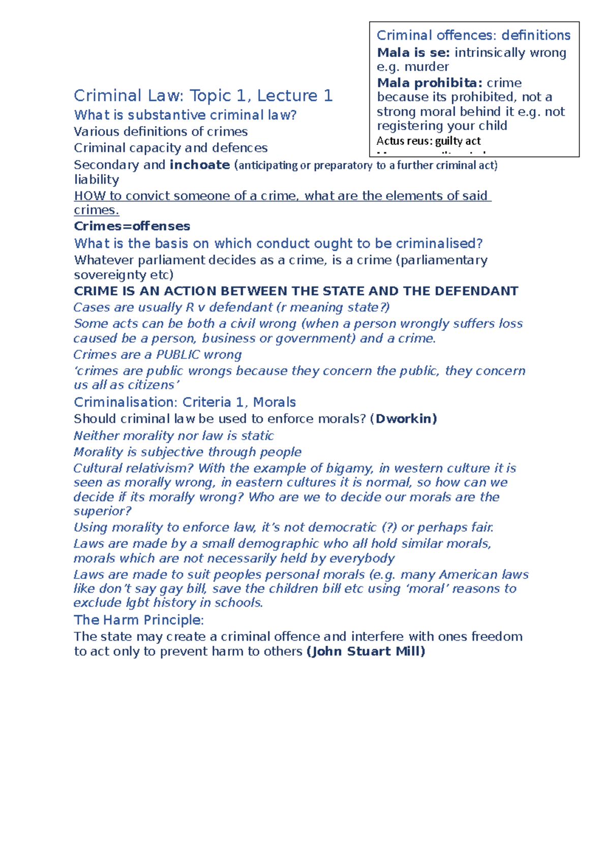 Criminal Law lecture 1 - 2022/2023 - Criminal Law: Topic 1, Lecture 1 ...