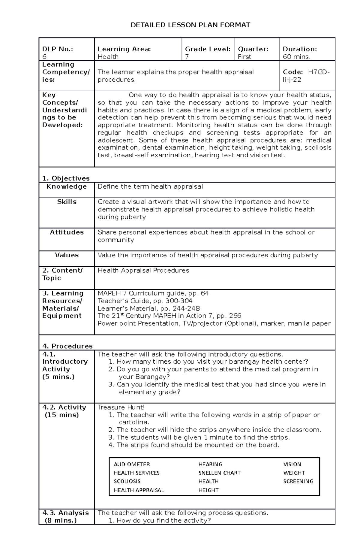 29 health dlp - DLP MAPEH 7 - DETAILED LESSON PLAN FORMAT DLP No.: 6 ...