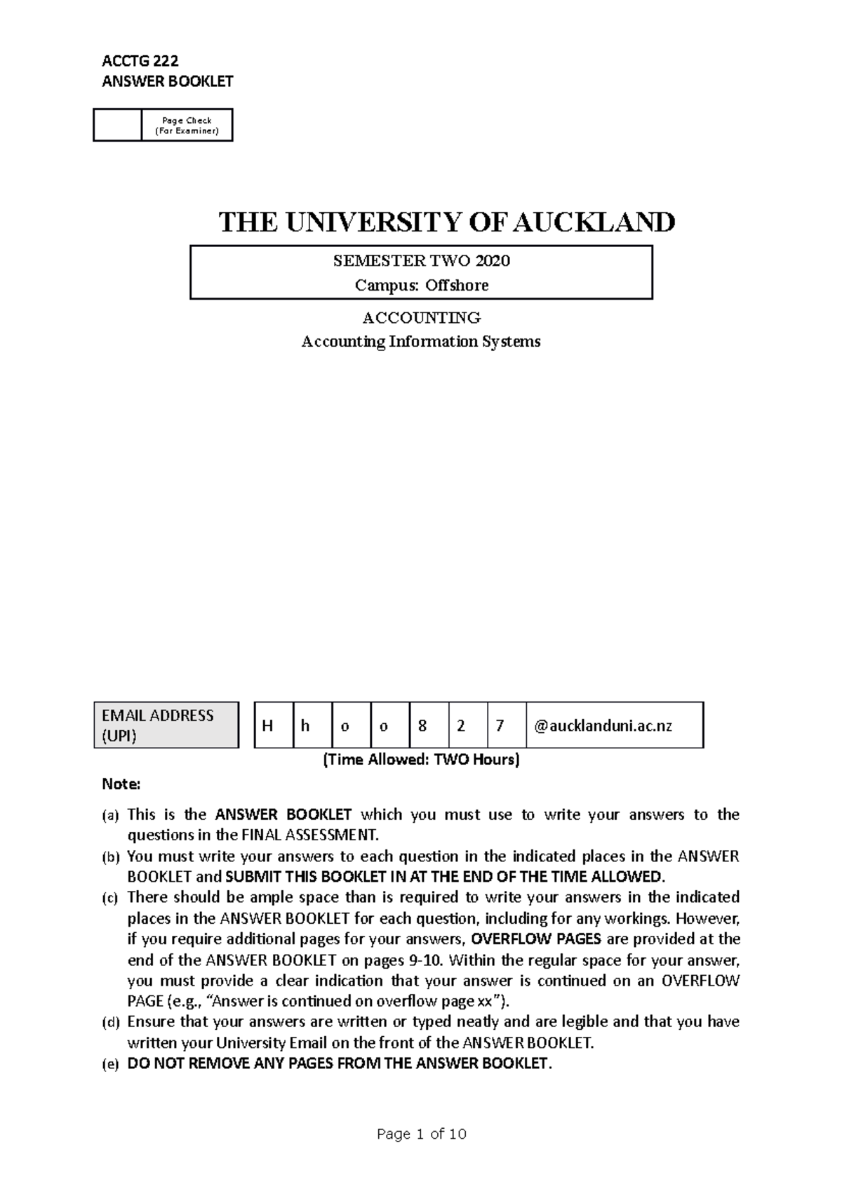 Acctg 222 EXAM - Exam - ANSWER BOOKLET (For Examiner)Page Check THE ...