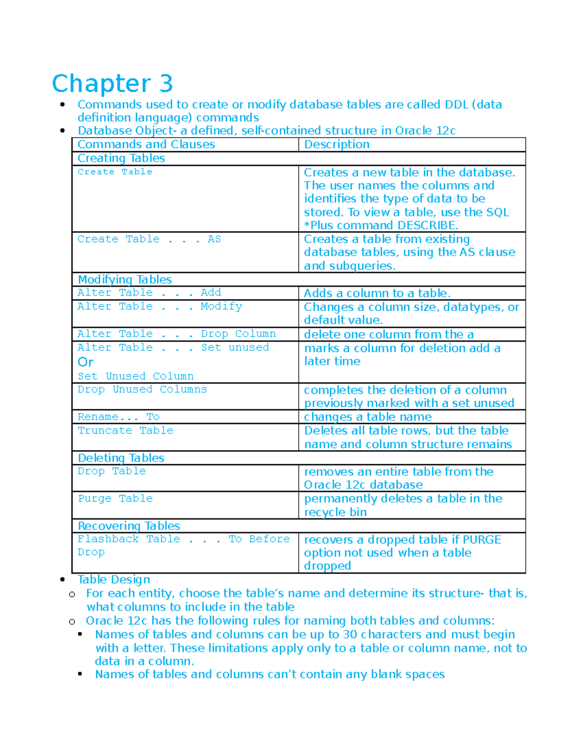 Chapter 3 - Table Creation and Management - Chapter 3 Commands used to ...