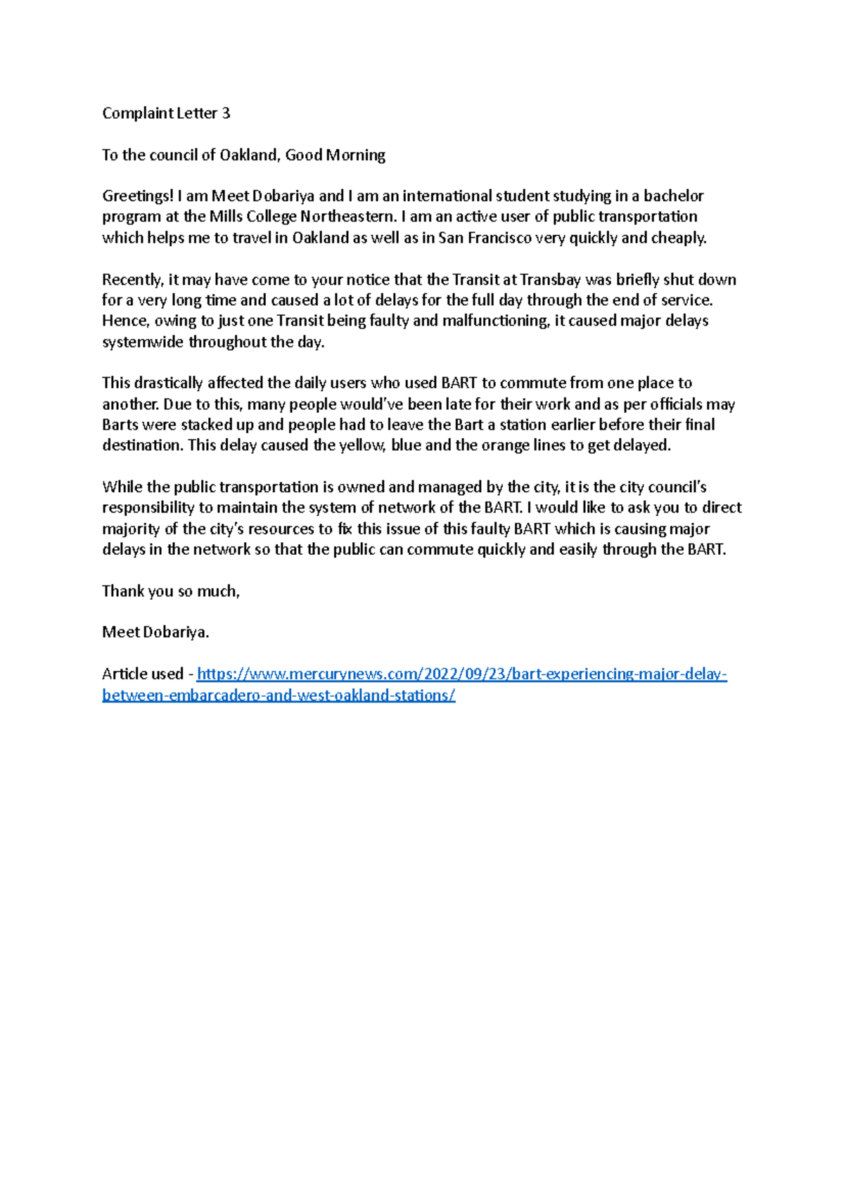 Complaint Letter 3 - I am an active user of public transportation which ...