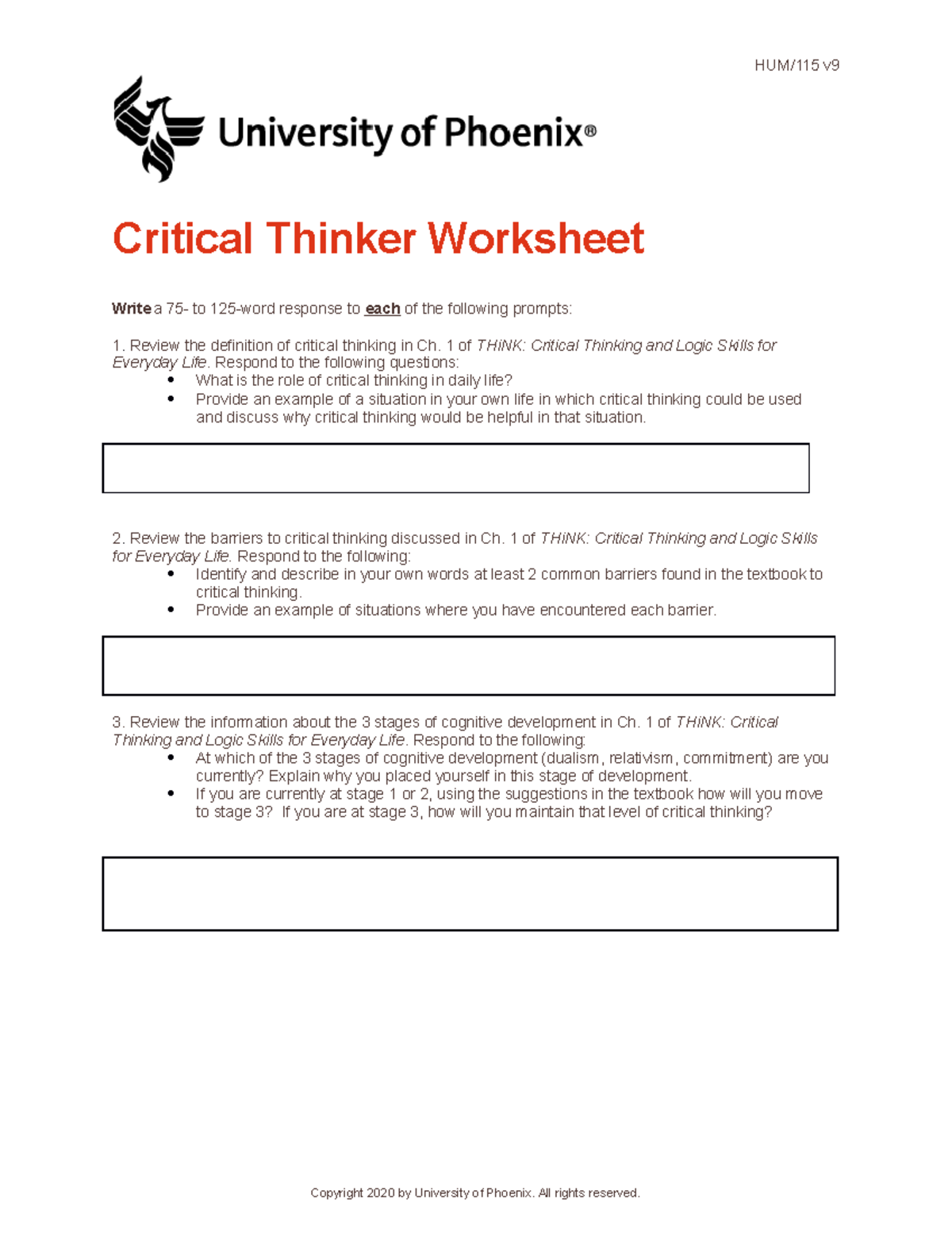 HUM115 v9 wk1 Critical Thinker Worksheet - HUM/115 v Critical Thinker ...
