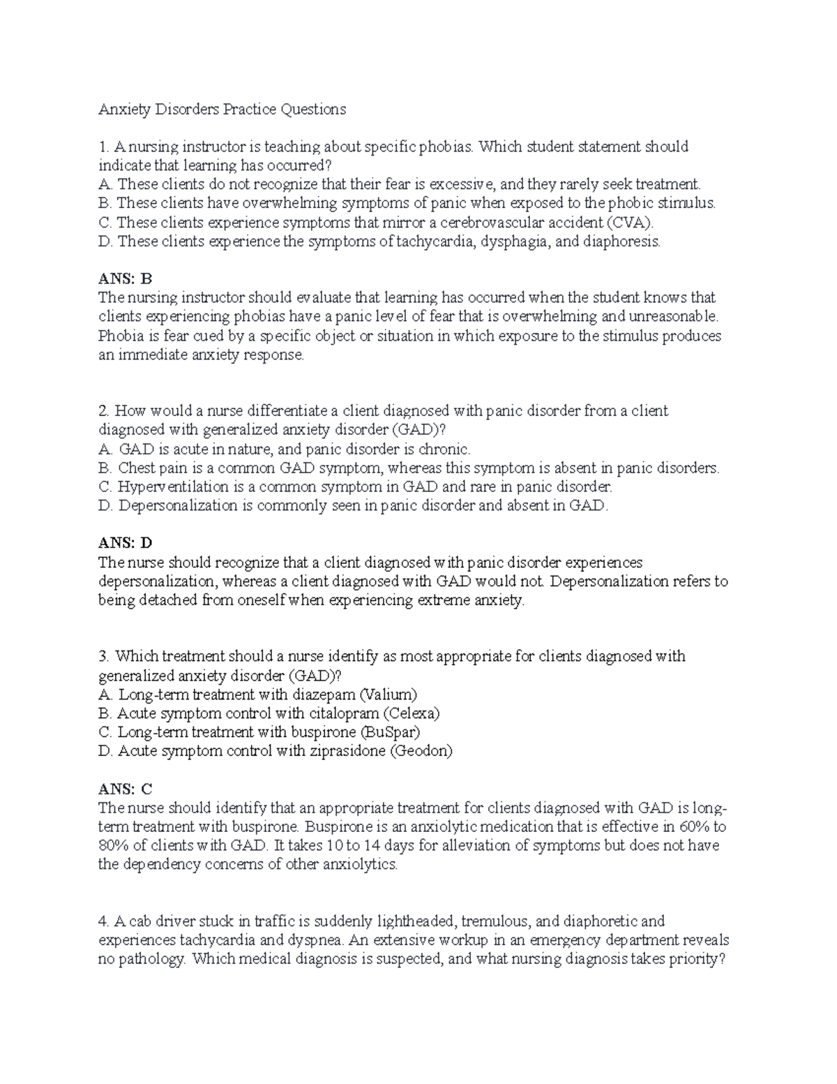 Anxiety Disorders Practice Questions KEY - Anxiety Disorders Practice ...