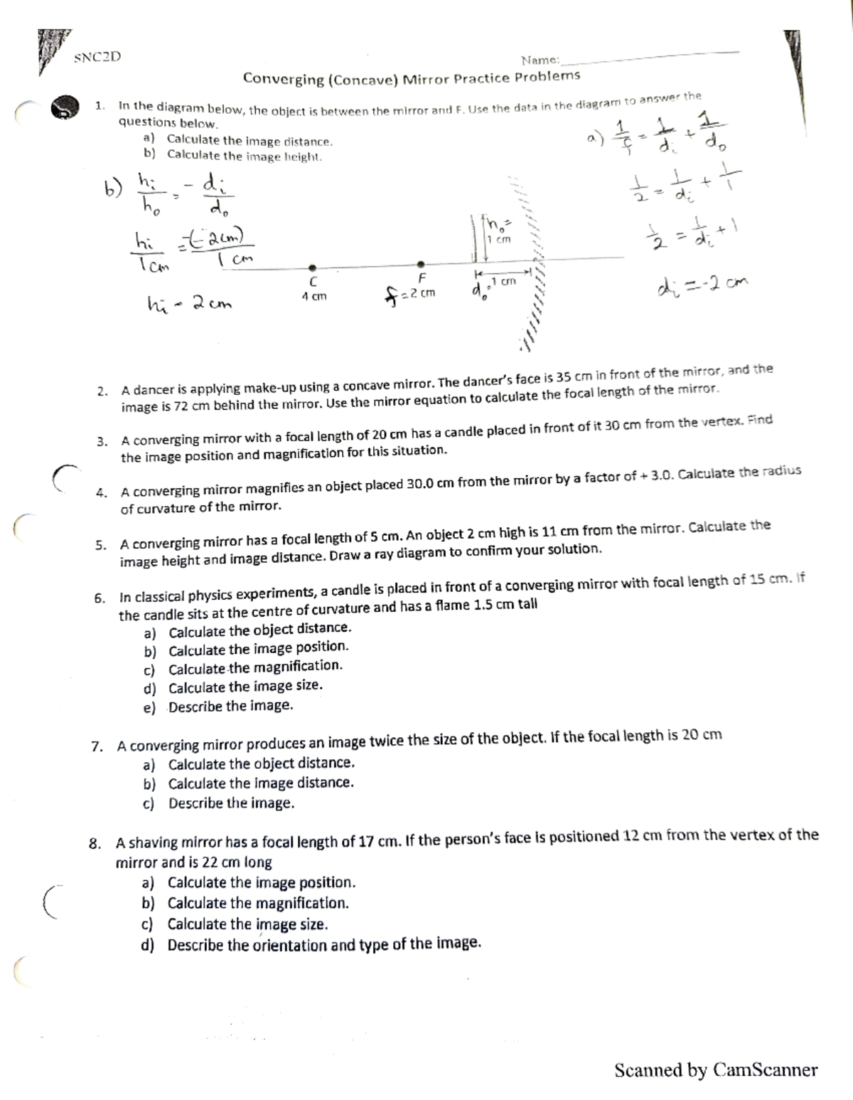 1.4 Mirror Equations Worksheet - SNC2D 1 questions below. In the ...