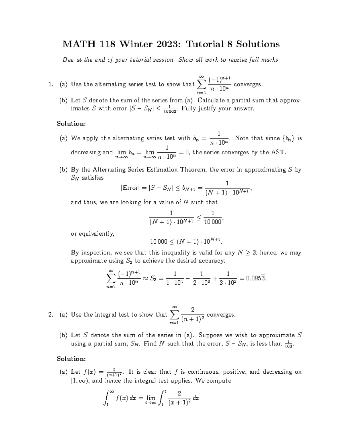 M118 W23 T08 SOL - soln - MATH 118 Winter 2023: Tutorial 8 Solutions ...