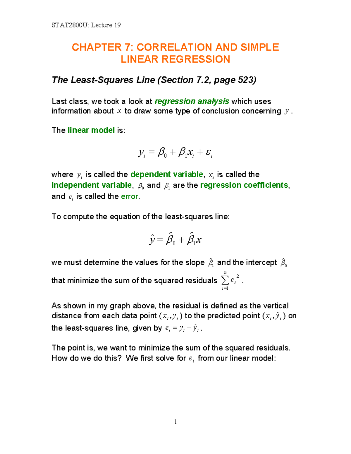 Lec19 blank - CHAPTER 7: CORRELATION AND SIMPLE LINEAR REGRESSION The Least-Squares Line ...