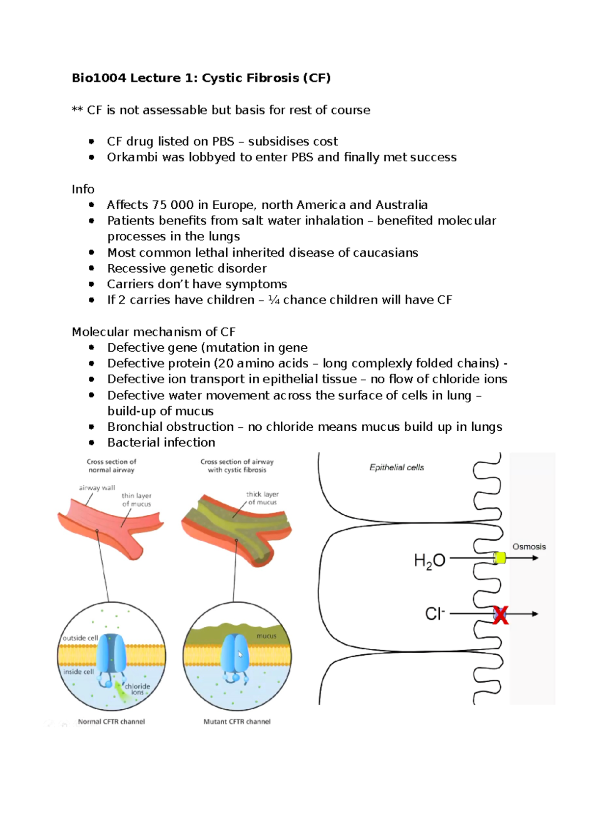 Bio1004 Lectures - Notes - Bio1004 Lecture 1: Cystic Fibrosis (CF ...