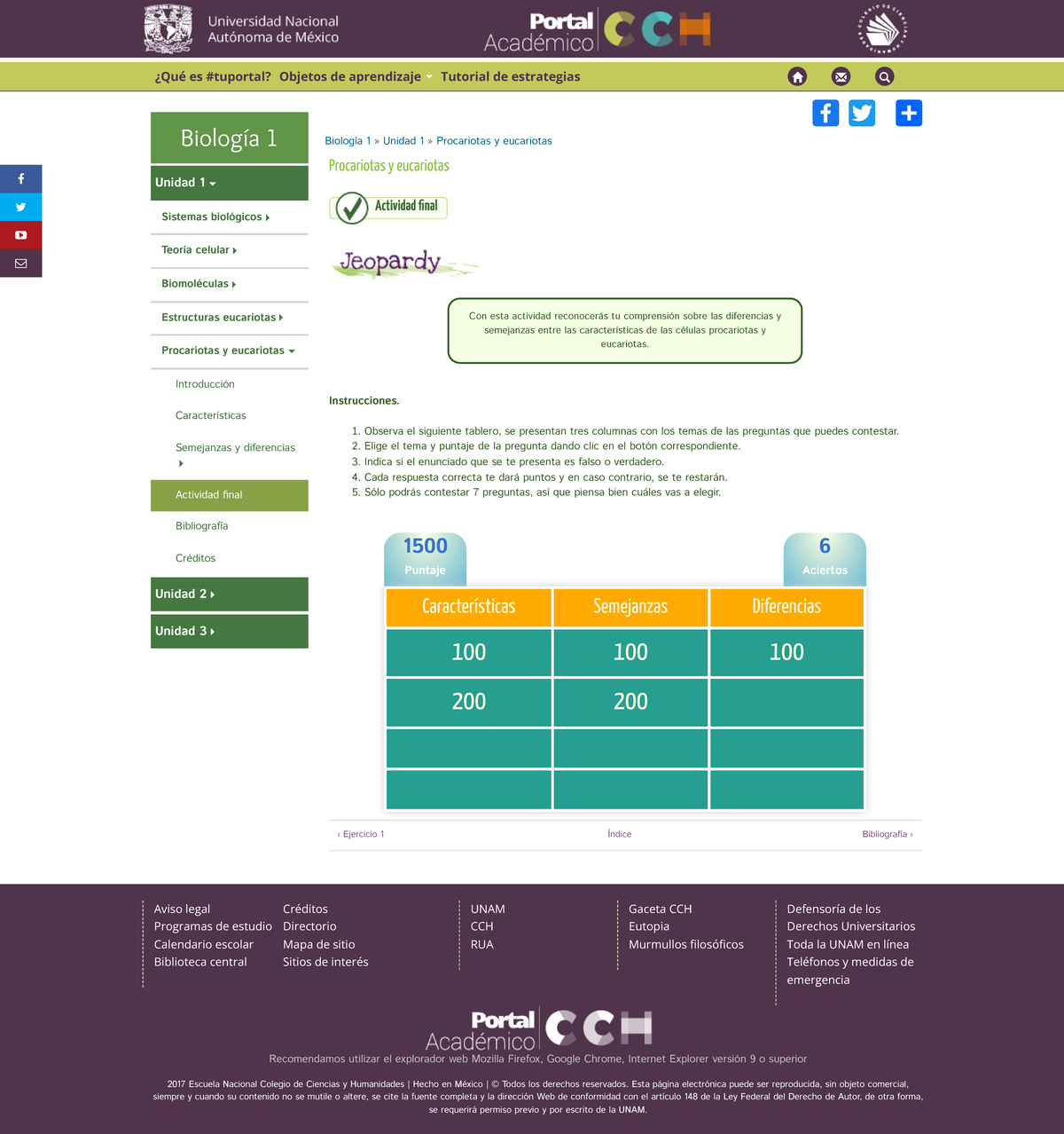 Actividad final Portal Académico del CCH - 1500 Puntaje 6 Aciertos Características Semejanzas ...