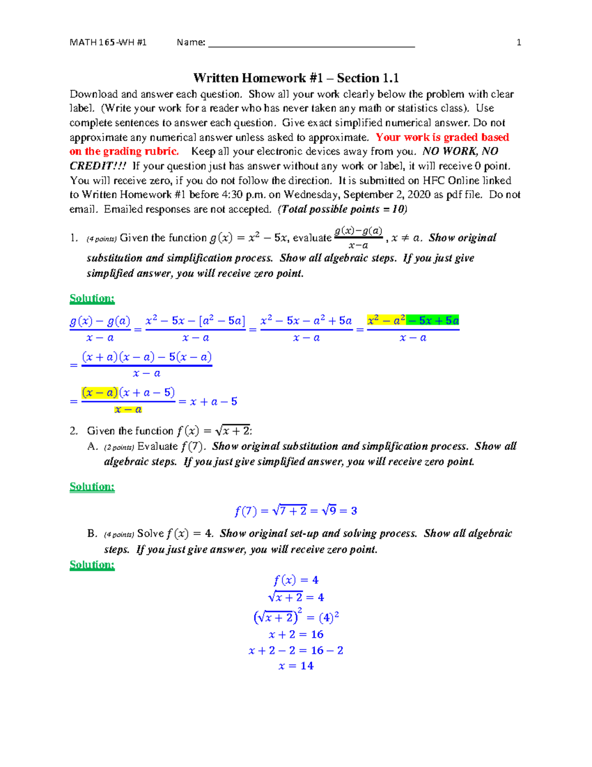 Math 165-70-WH #1-Sec - Lecture notes 1.1 - MATH 1 65 -WH #1 Name ...