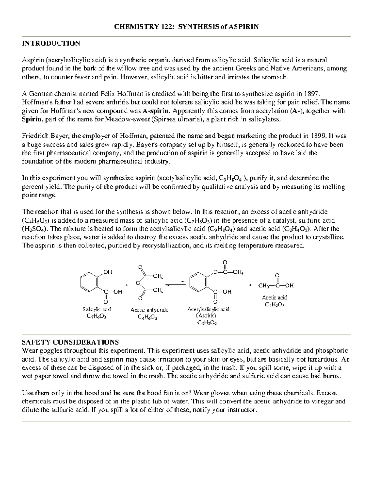 Aspirin 122 - 6th lecture CHEM 112 - (LAB)Eddy - CHEMISTRY 122 ...