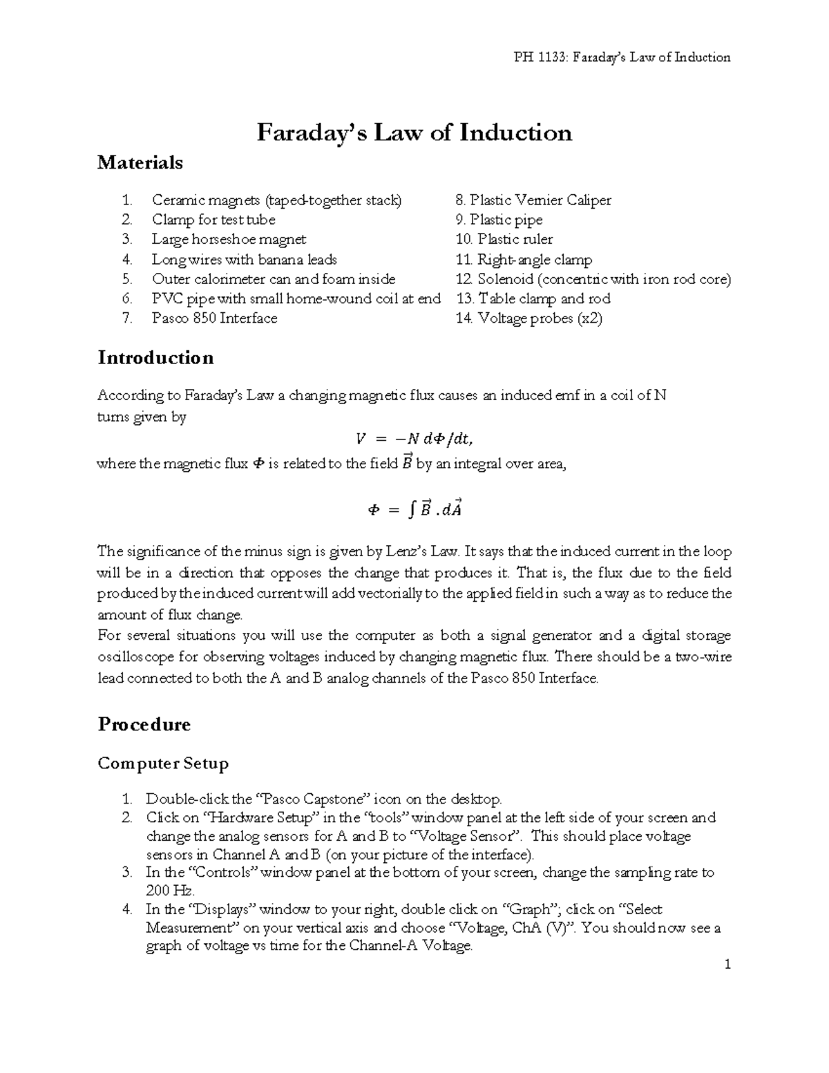 Faradays Law Of Induction Lab Description - PH 113 3: Faraday’s Law of ...