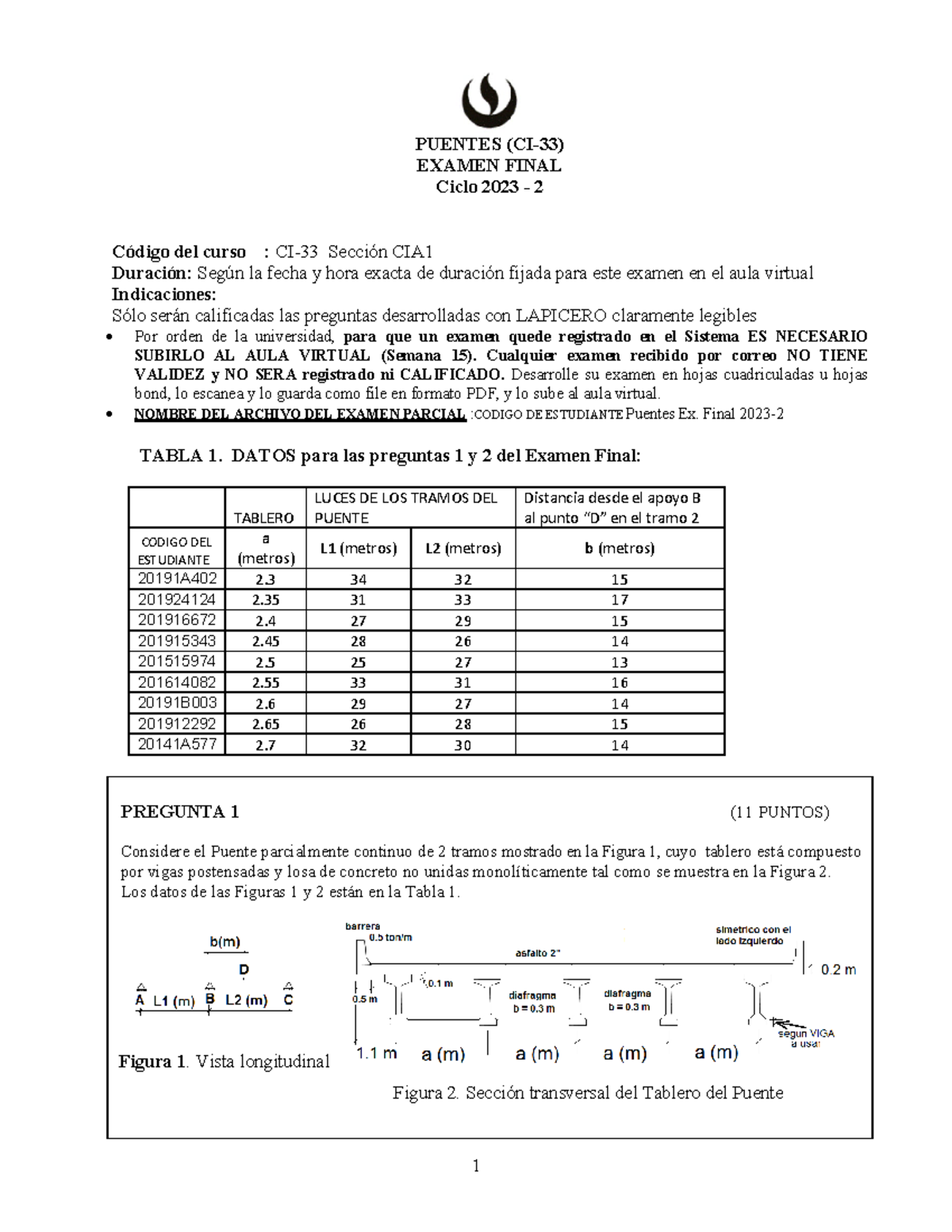 Examen Final de Puentes - 1 PUENTES (CI-33) EXAMEN FINAL Ciclo 2023 - 2 ...