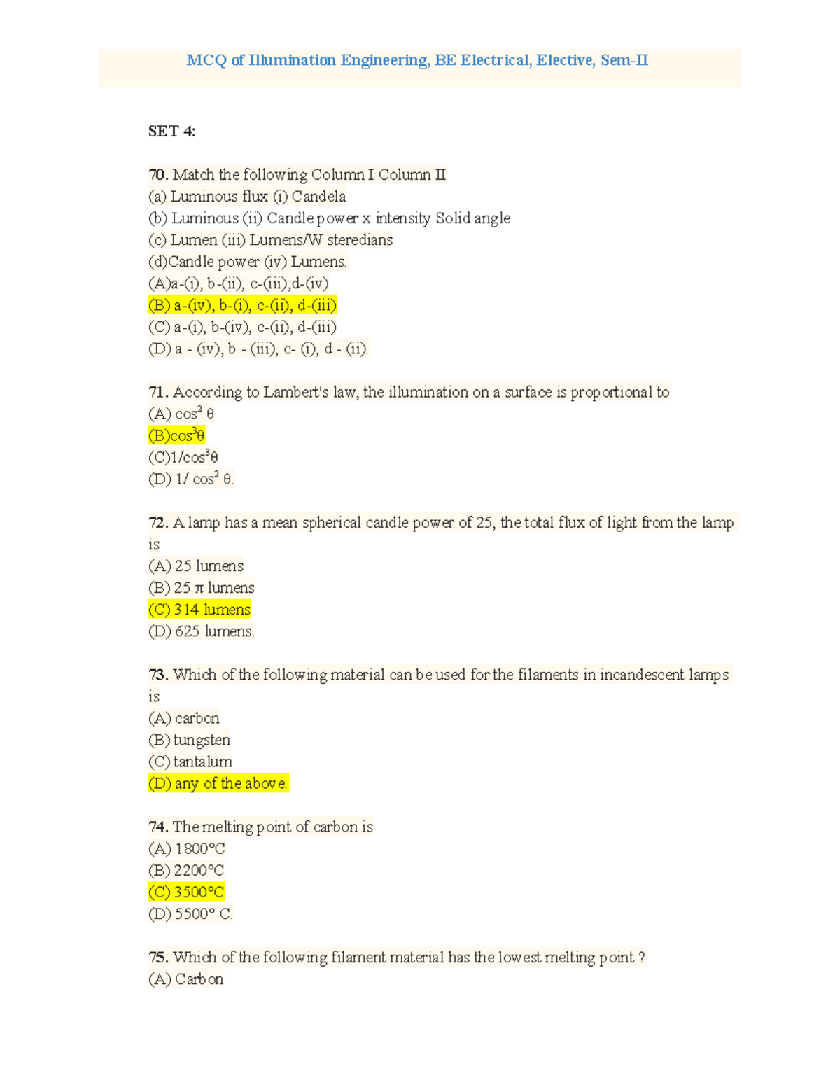 SET 4 MCQ of Illumination Engineering - SET 4: Match the following ...