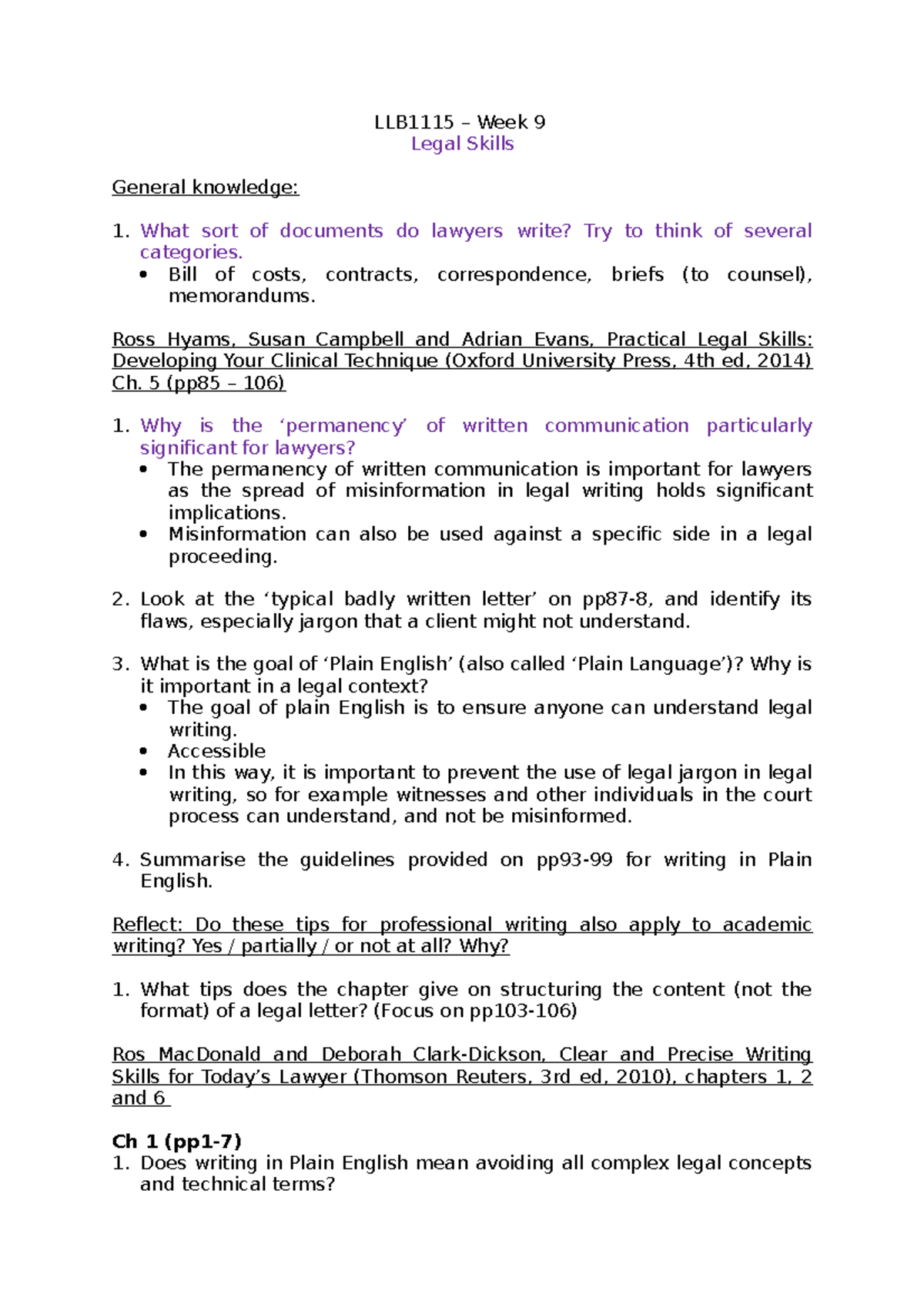 LLB1115 - Week 9 - Week 9 Tutorial Work - LLB1115 – Week 9 Legal Skills ...