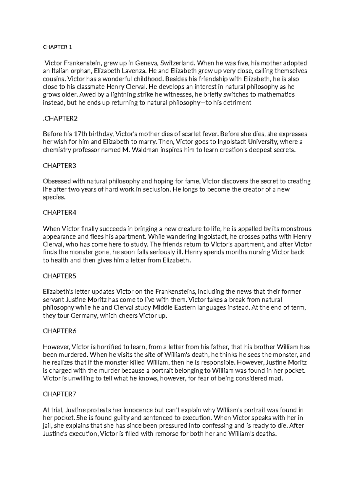 Frankenstein summary - Victor Frankenstein, grew up in Geneva ...