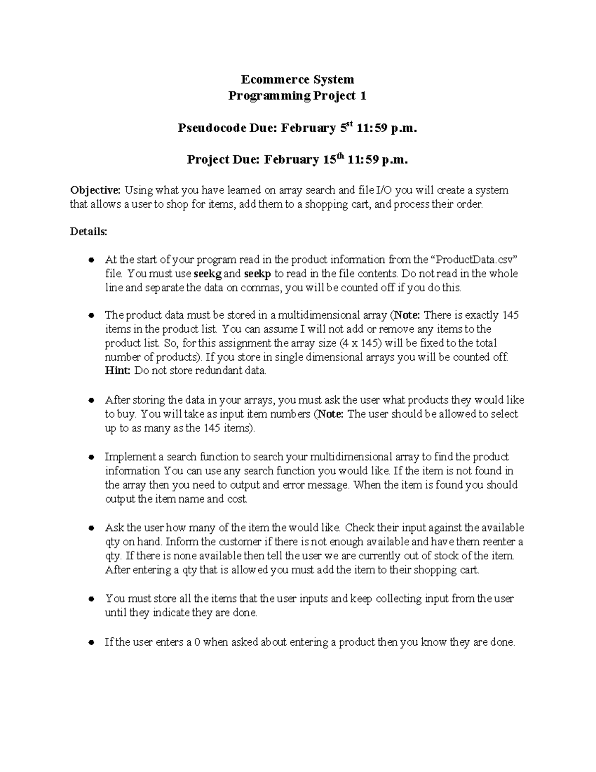 Project 1 - Ecommerce System Programming Project 1 Pseudocode Due ...