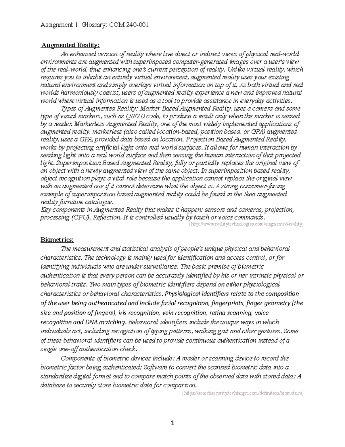Essay 1 - Glossary - Grade: A - Augmented Reality: An enhanced version ...