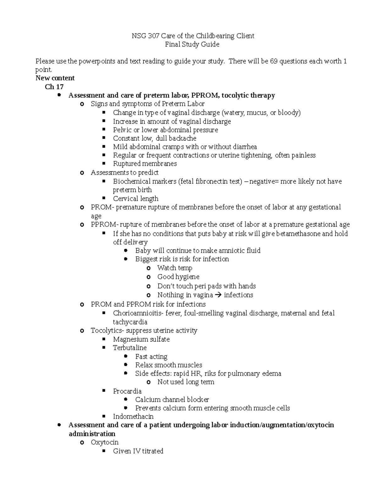 NSG 307 Final Exam Study Guide 4 - NSG 307 Care of the Childbearing ...