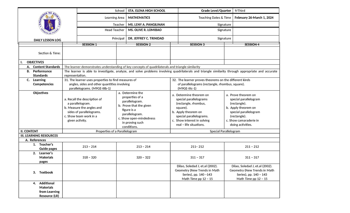 Parallelogram - DAILY LESSON PLAN MATH 9 - SESSION 1 SESSION 2 SESSION 3 SESSION 4 Section ...
