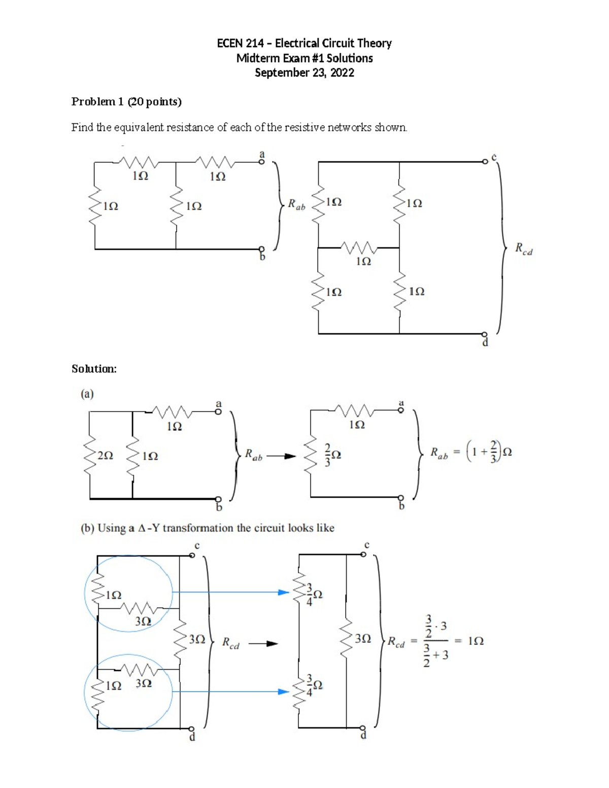Sample Exam 1A Solutions - ECEN 214 – Electrical Circuit Theory Midterm ...