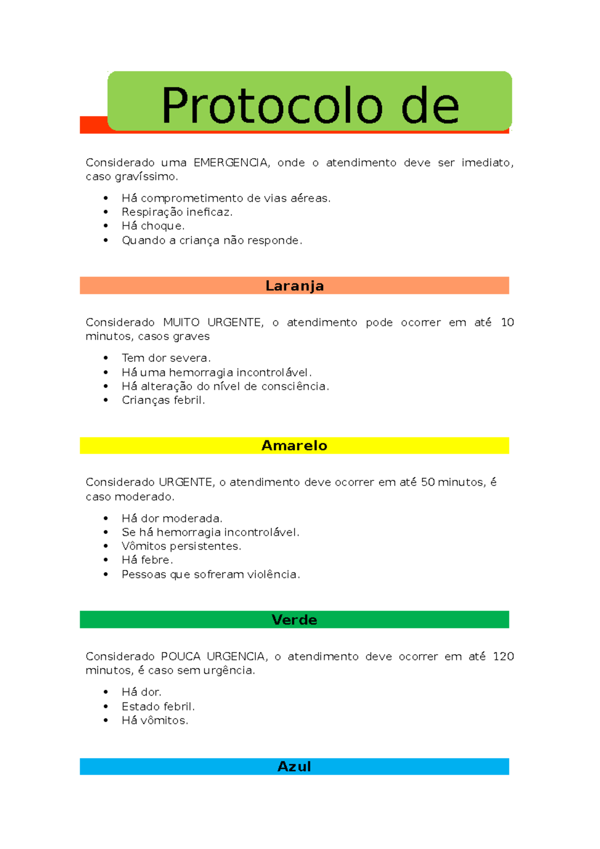 Protocolo de Manchester - Vermelho Considerado uma EMERGENCIA, onde o ...