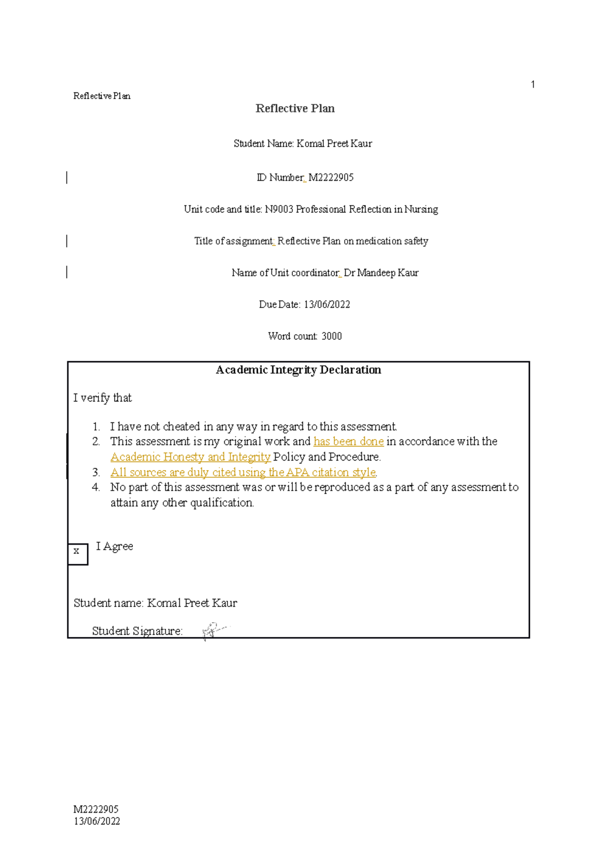 Dr Mandeep's Assignment - Reflective Plan Student Name: Komal Preet ...