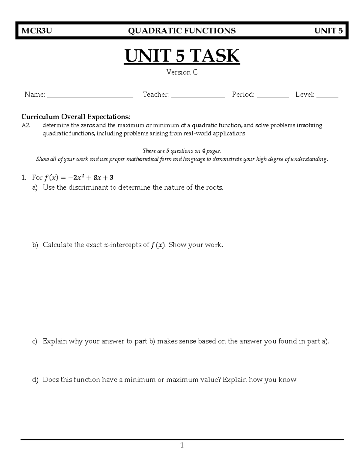 Unit 5 Quadratic Functions Task C CL - UNIT 5 TASK Version C Name