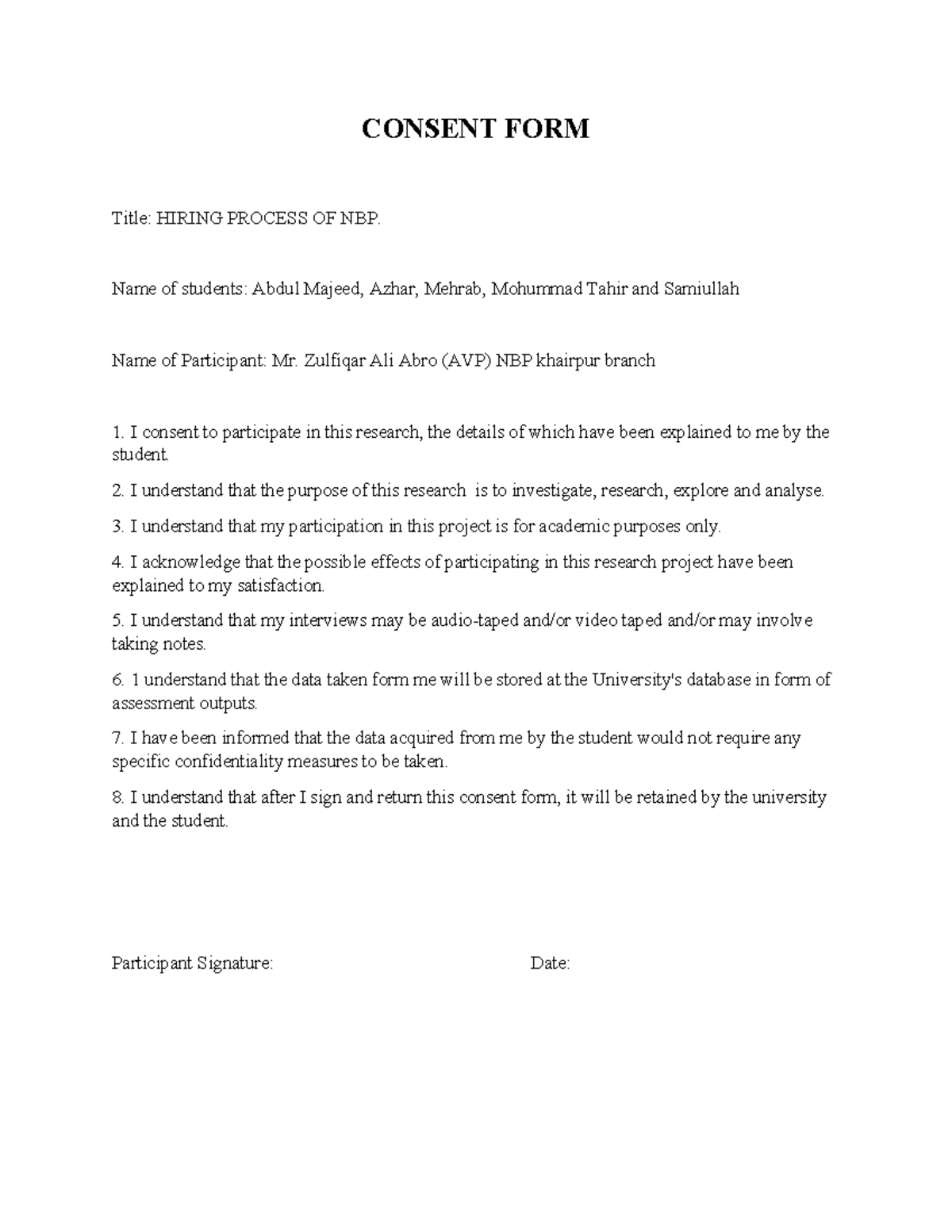 Detailed Consent Form - CONSENT FORM Title: HIRING PROCESS OF NBP. Name ...