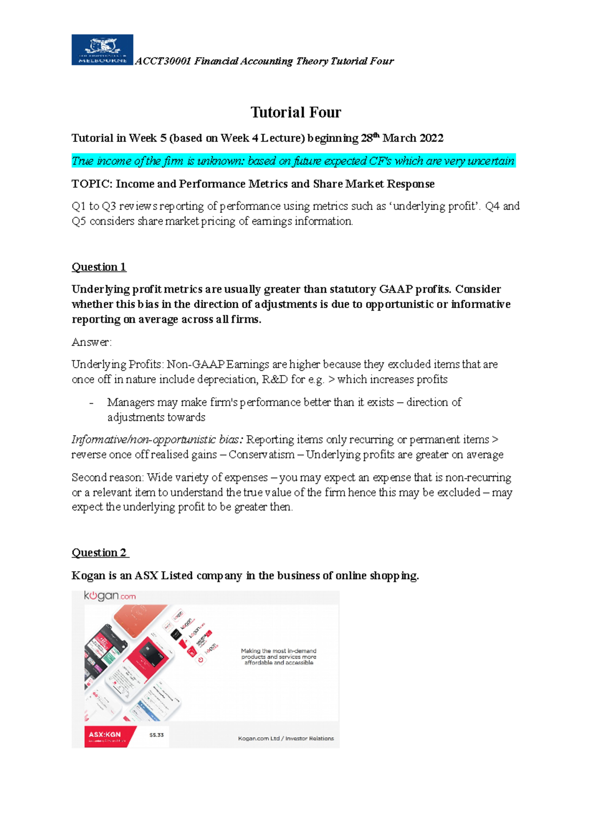 Tutorial 4 - Tutorial Four Tutorial in Week 5 (based on Week 4 Lecture) beginning 28th March ...