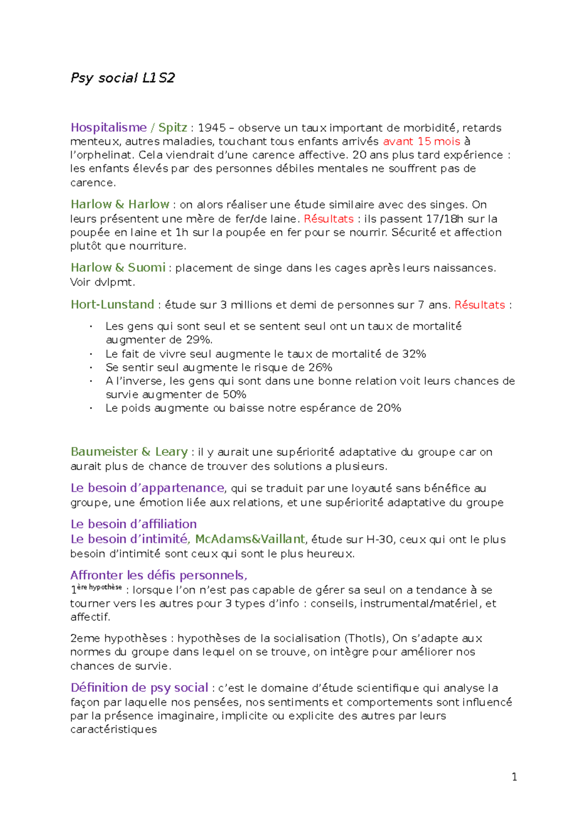 Resumé L1 psy social 12 CM - Psy social L1S Hospitalisme / Spitz : 1945 ...