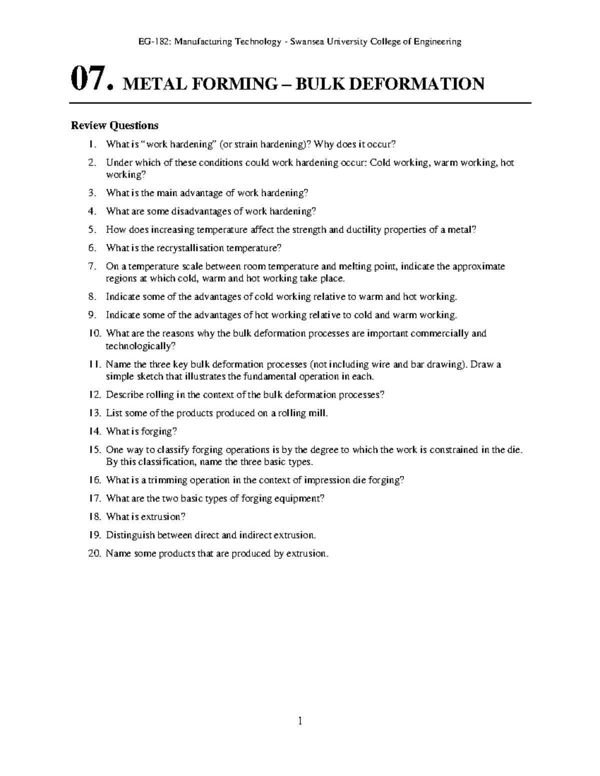 07. Metal Forming - Bulk Deformation Example Sheet (2018 ) - EG-182 ...