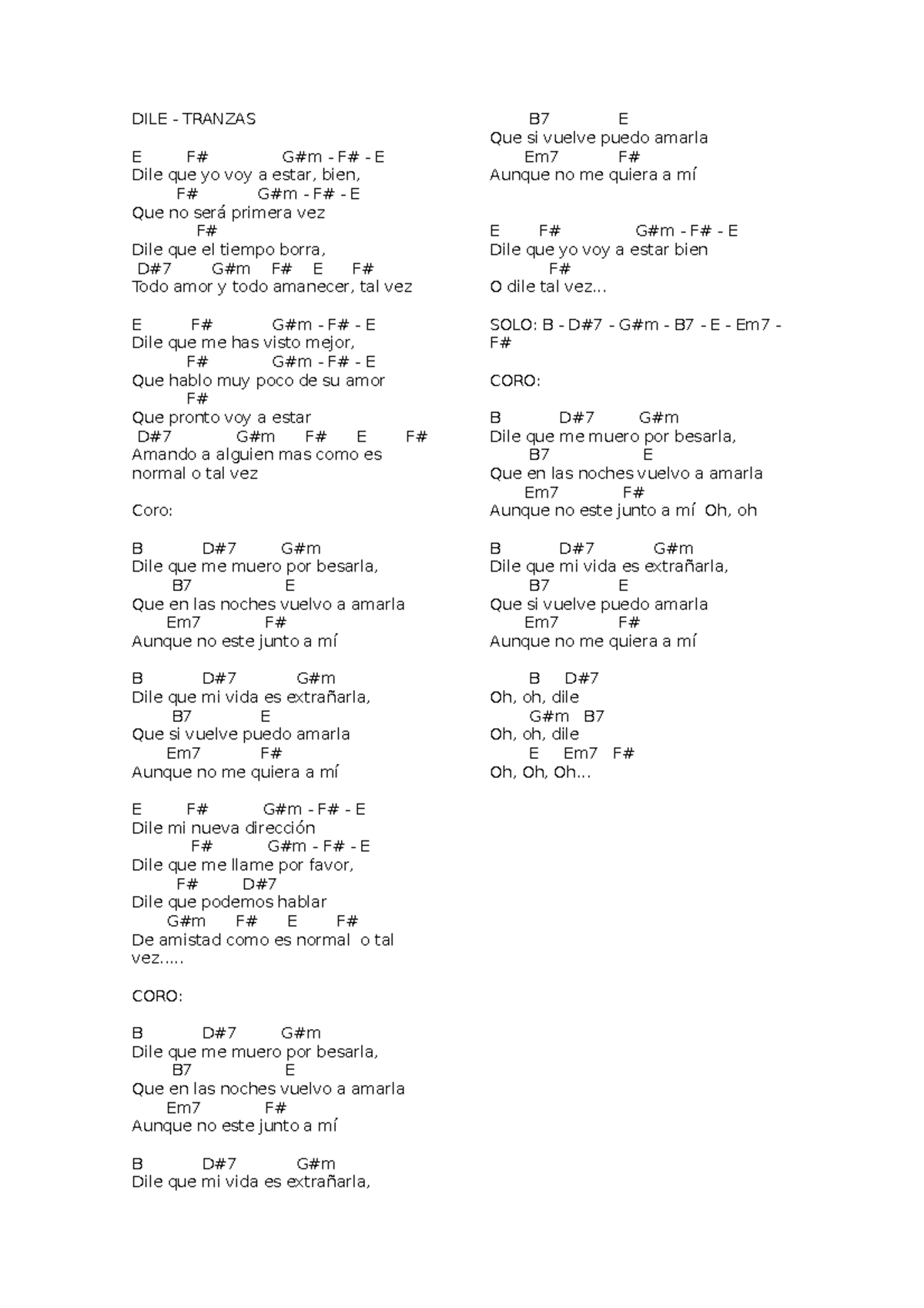Canciones - fdgfd - DILE - TRANZAS E F# G#m - F# - E Dile que yo voy a ...
