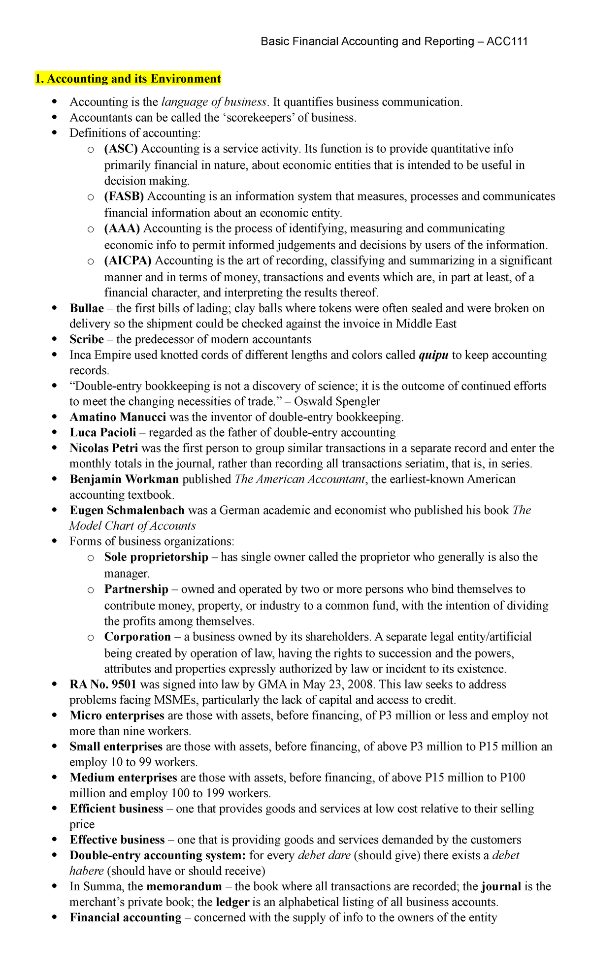 ACC111 Reviewer - Accounting and its Environment Accounting is the ...