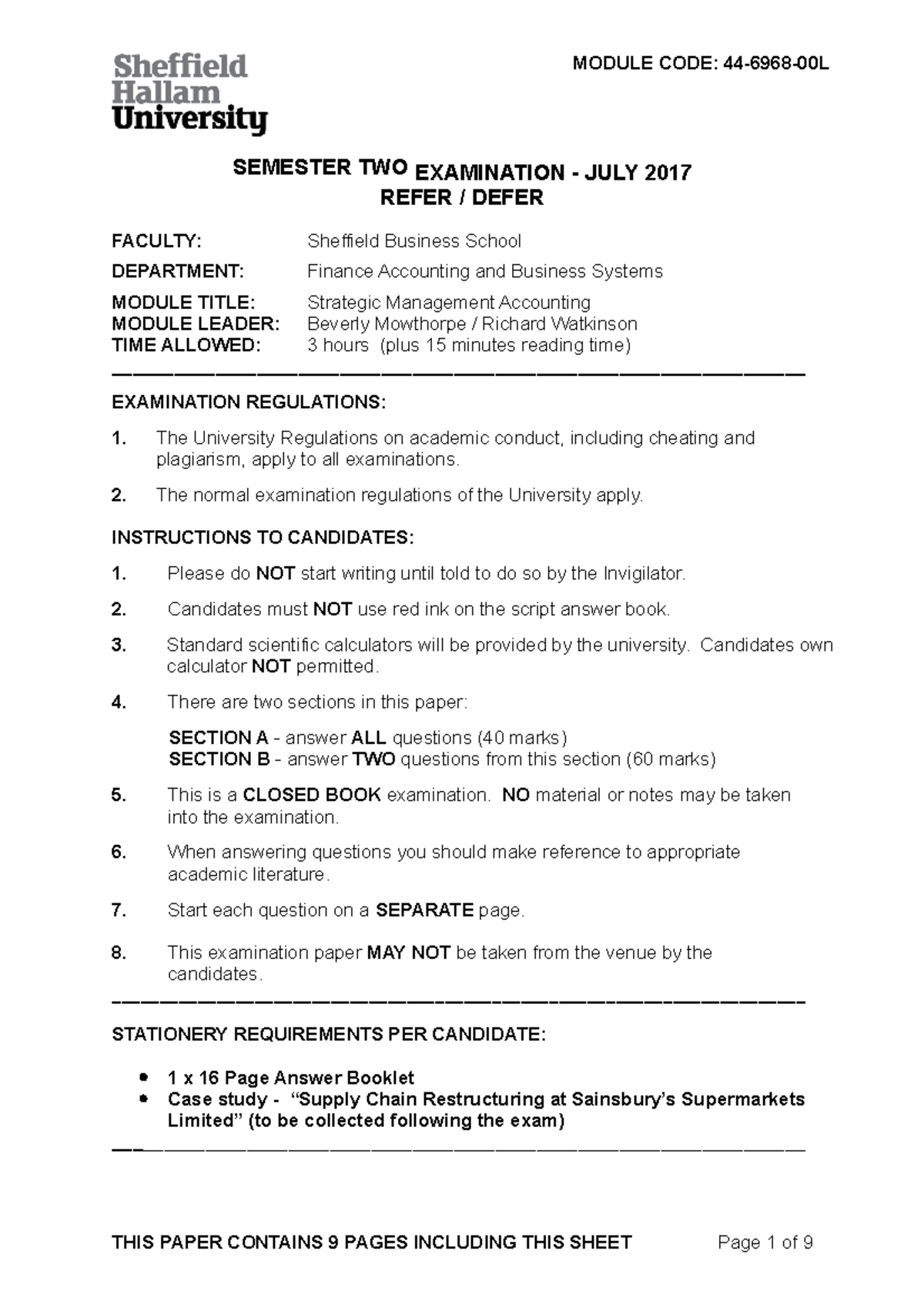 May Exam Paper 2017 - SEMESTER TWO EXAMINATION - JULY 2017 REFER ...