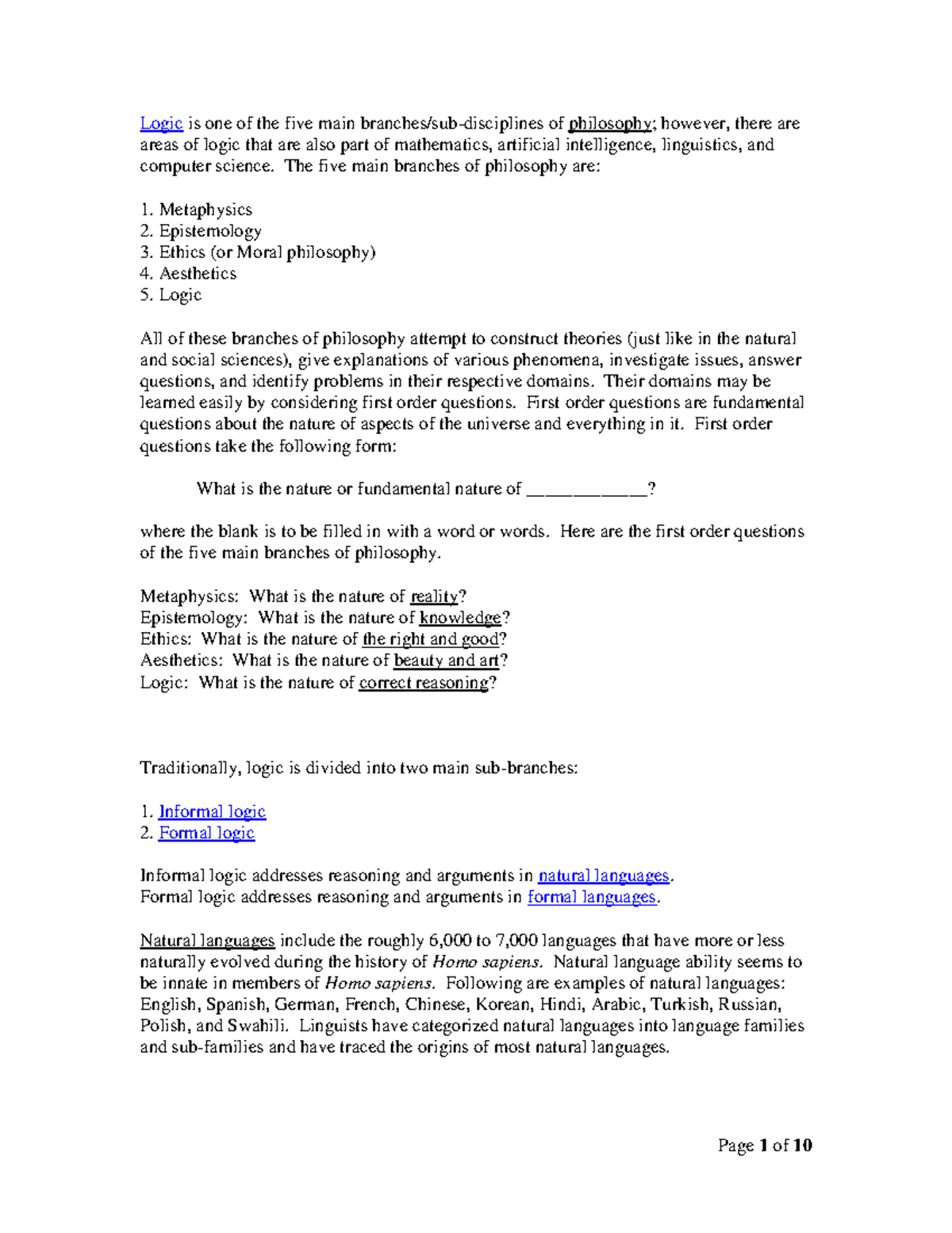 Logic Lecture 1 - Logic is one of the five main branches/sub ...